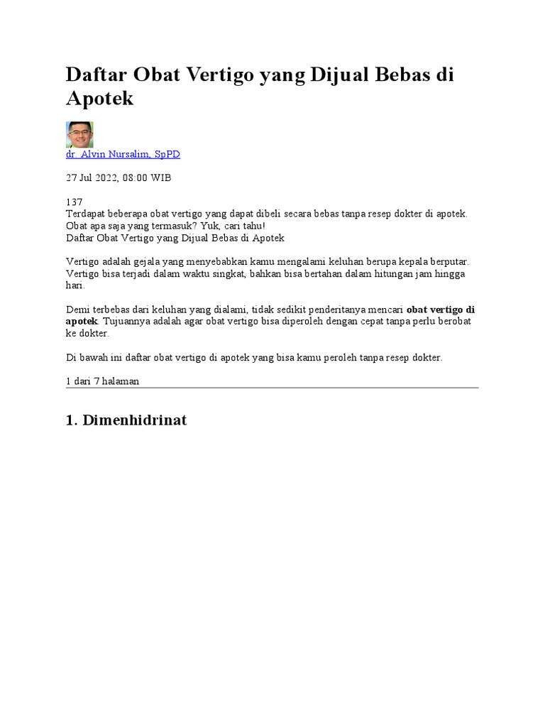 OBAT VERTIGO YANG DIJUAL BEBAS DI APOTEK | PDF