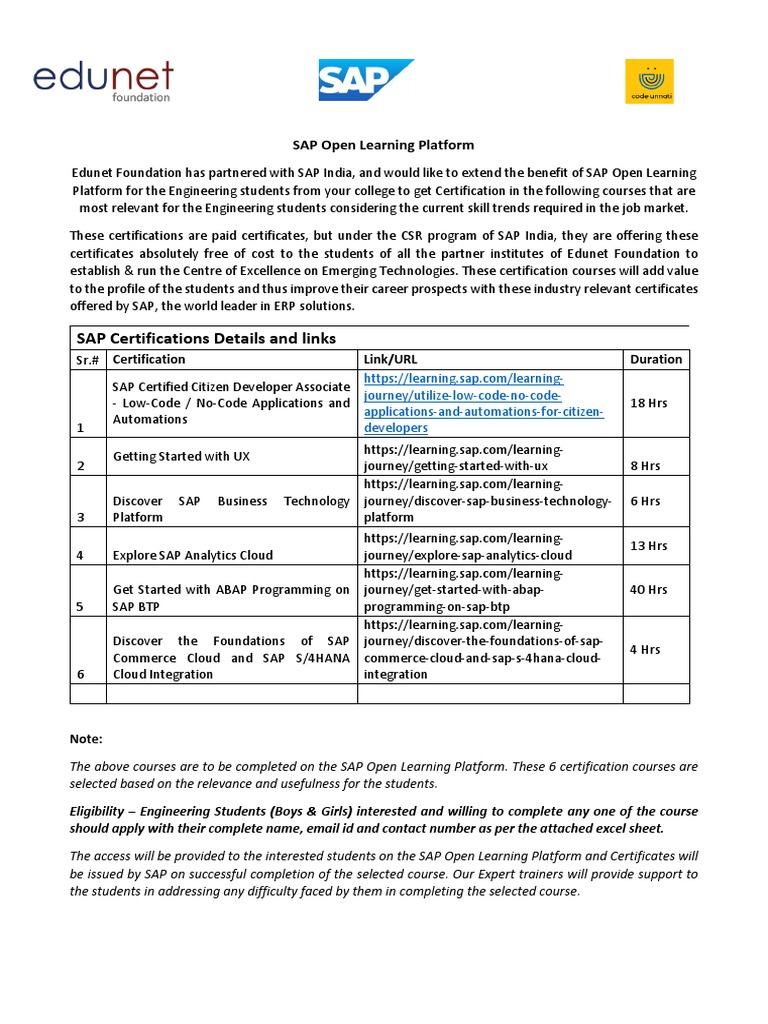 Sap Certification Course Details Edunet Foundation Download Free