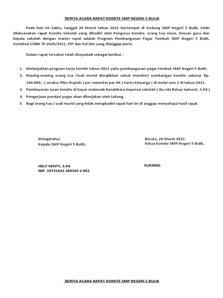 Berita Acara Rapat Komite Smp Negeri 5 Bulik Pdf