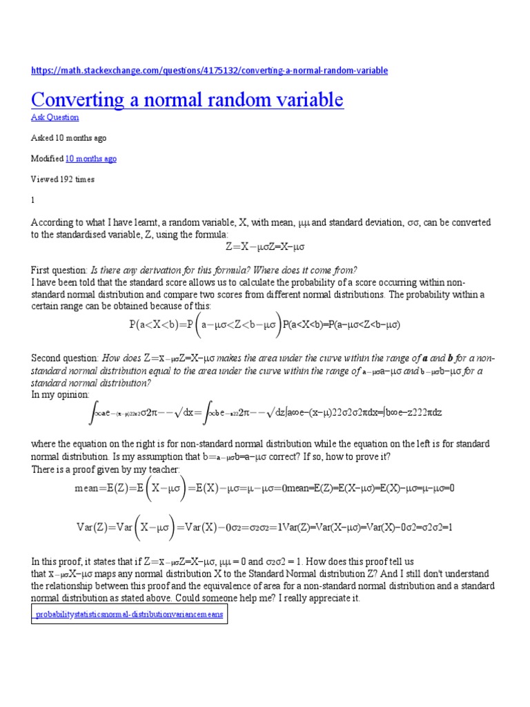Converting A Normal Random Variable Ask Question Pdf Normal