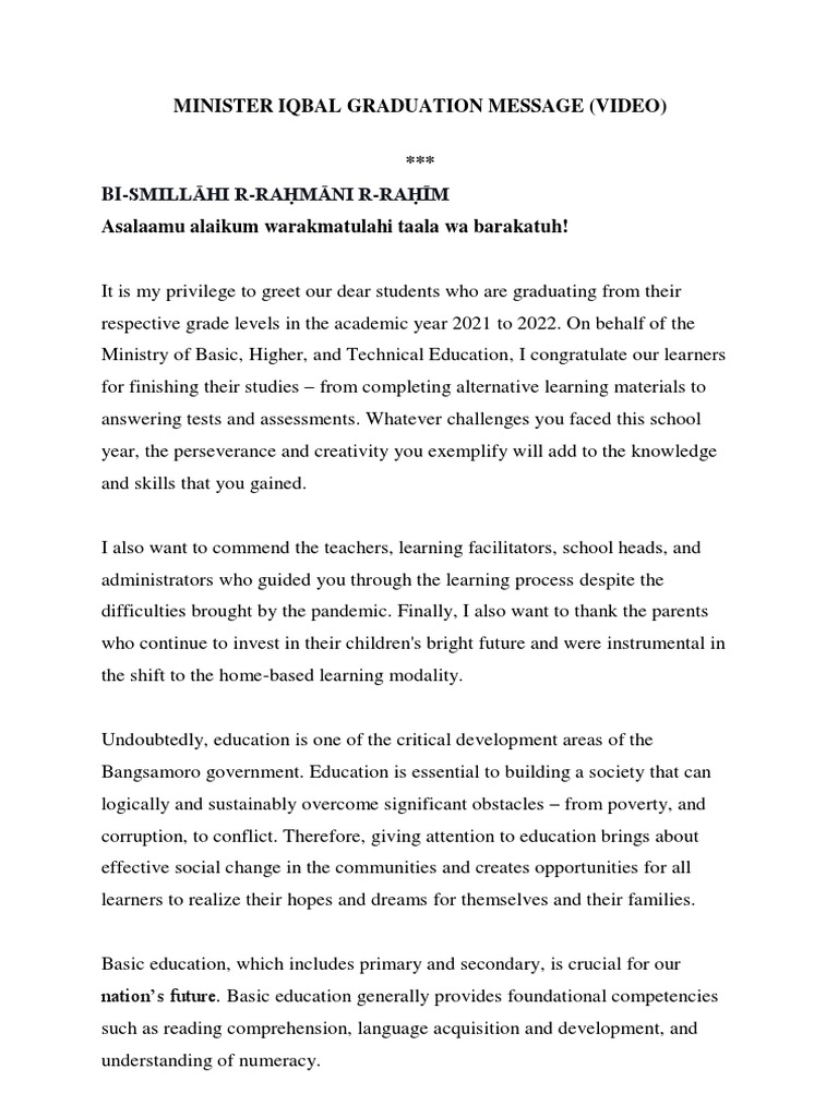 Bi-Smillāhi R-Ra Māni R-Ra Īm: Minister Iqbal Graduation Message (Video) | PDF | Learning ...