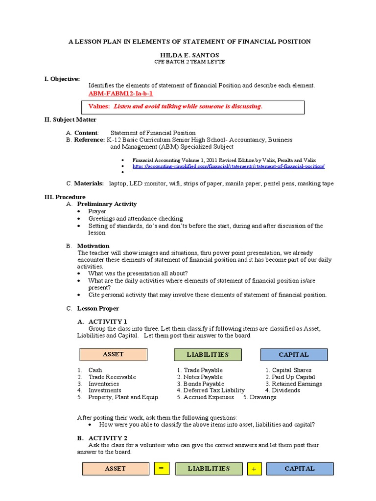 LP Elements of Statement of Financial Position | PDF | Balance Sheet ...