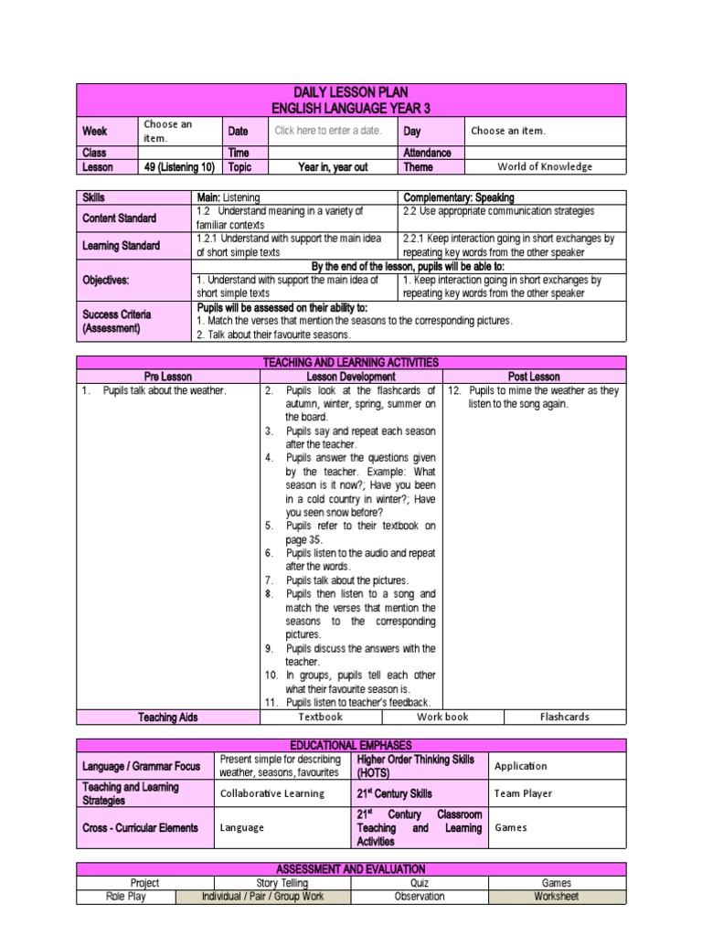 Year 3 English Lesson Plans | PDF | Teaching Method | Lesson Plan