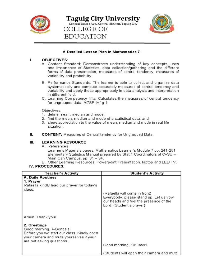 Final Demo Lesson Plan | PDF | Mode (Statistics) | Mean