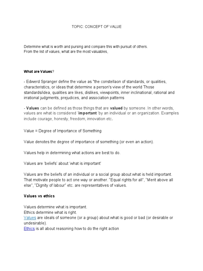 Topic: Concept of Value: Values Can Be Defined As Those Things That Are ...