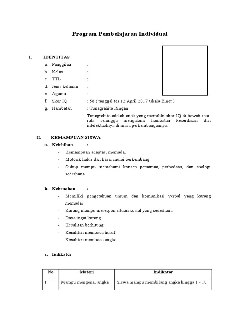 Contoh Program Pembelajaran Individual Inklusi | PDF
