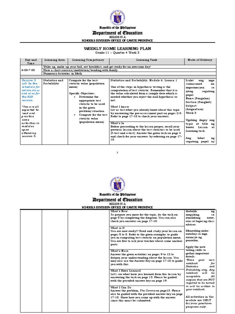 SHS Statistics and Probability Quarter 4 W3 | PDF | Statistics | Hypothesis