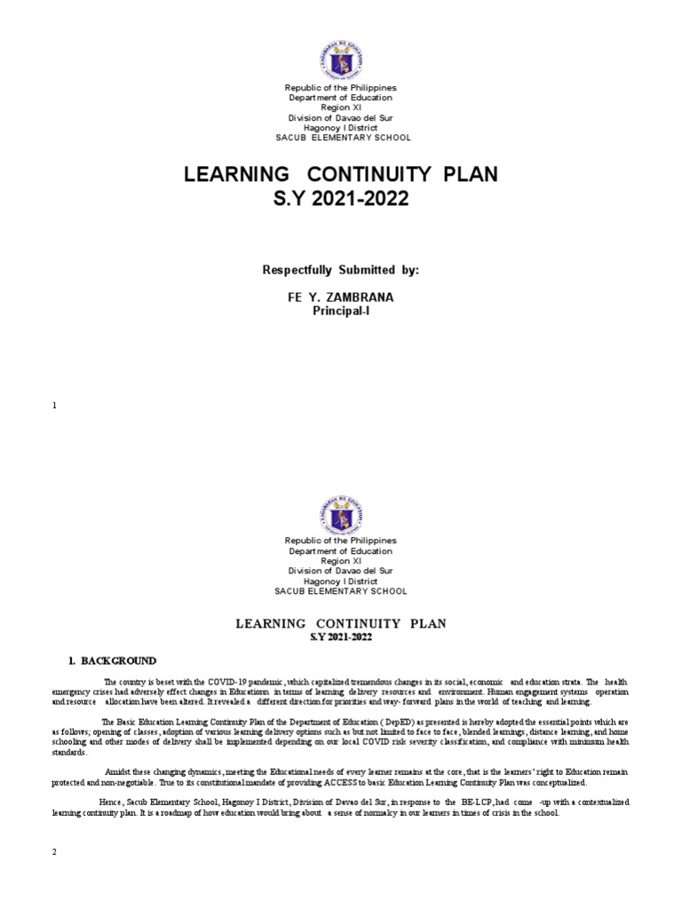 Sacub-ES BE Learning-Continuity-Plan-2021-2022 | PDF | Distance ...
