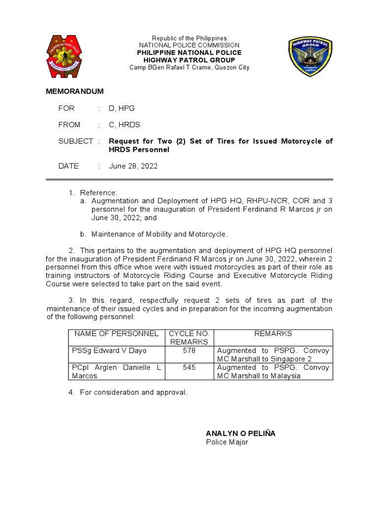 Memorandum: Philippine National Police Highway Patrol Group | PDF ...