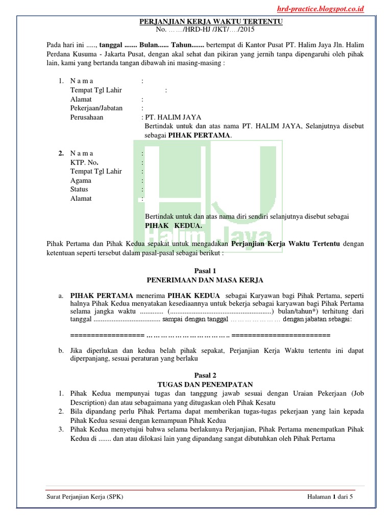SPK PKWT - Contoh 1 | PDF | Karier & Perkembangan | Pengelolaan ...