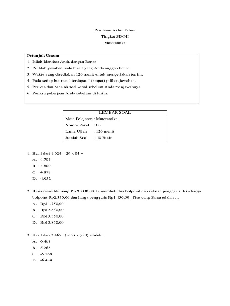 Soal PAT Matematika 2021-Dikonversi | PDF