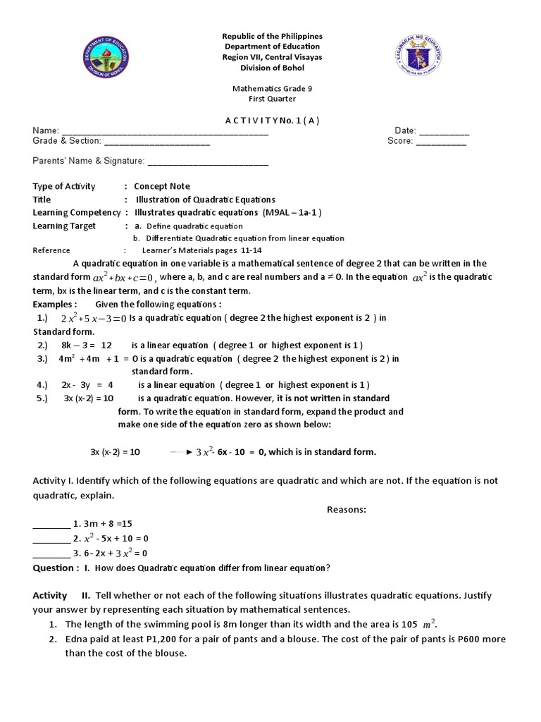 DLP Math 9 (Melc) 1ST Quarter | PDF | Equations | Quadratic Equation