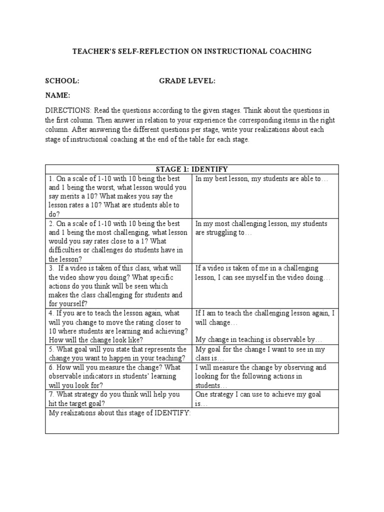 Self-Reflection On Instructional Coaching (1) 2 | PDF | Change ...