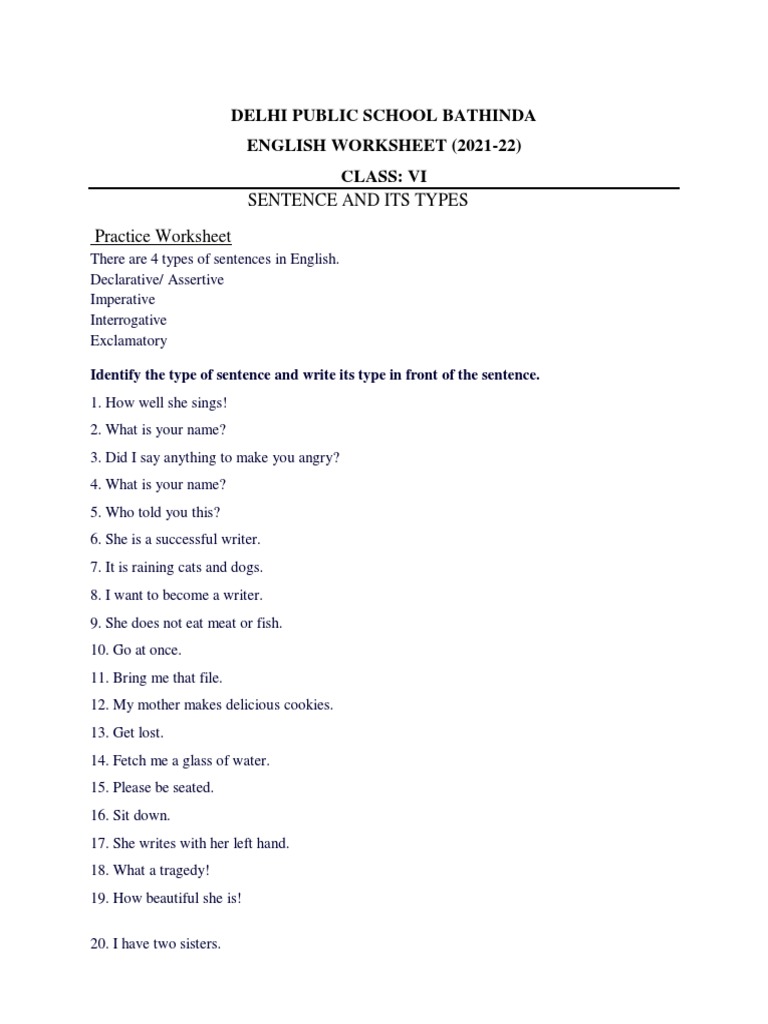 Sentence and Its Types Practice Worksheet: Delhi Public School Bathinda ...