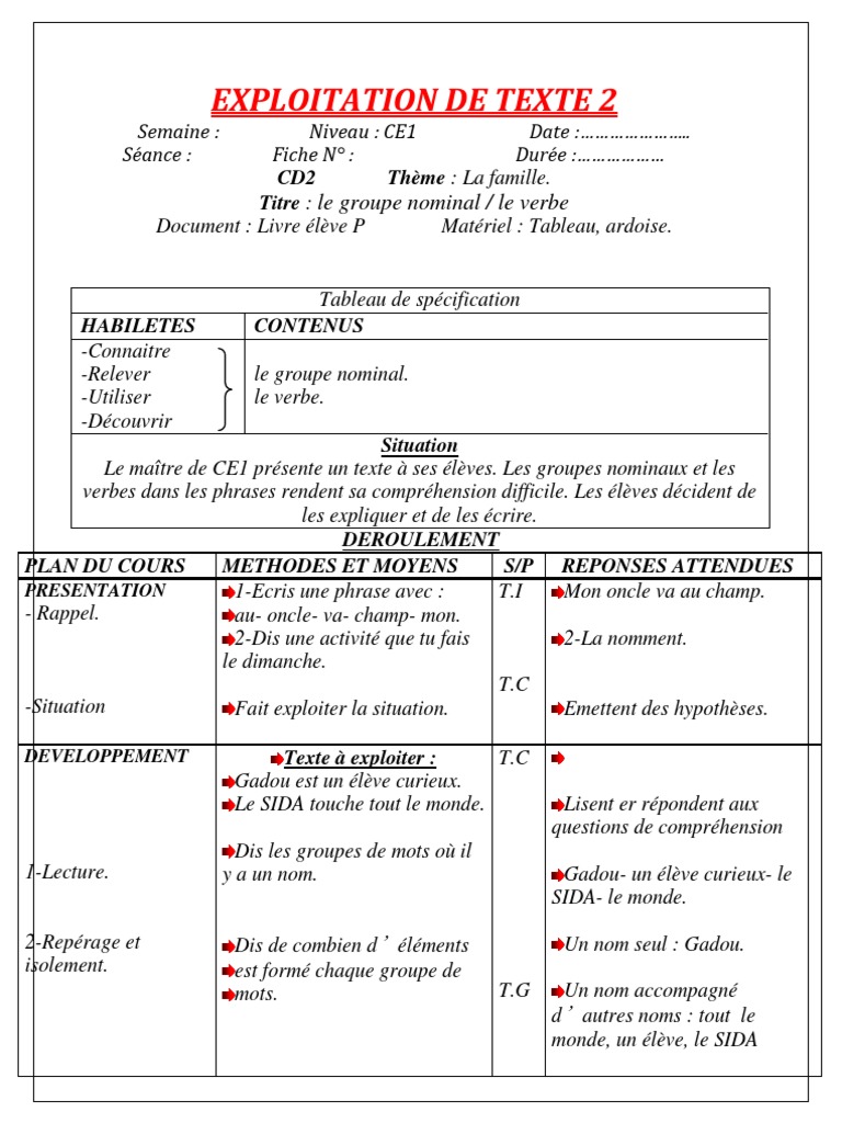 Exploitation de texte CE1 : Noms et verbes | PDF | Phrase | Verbe