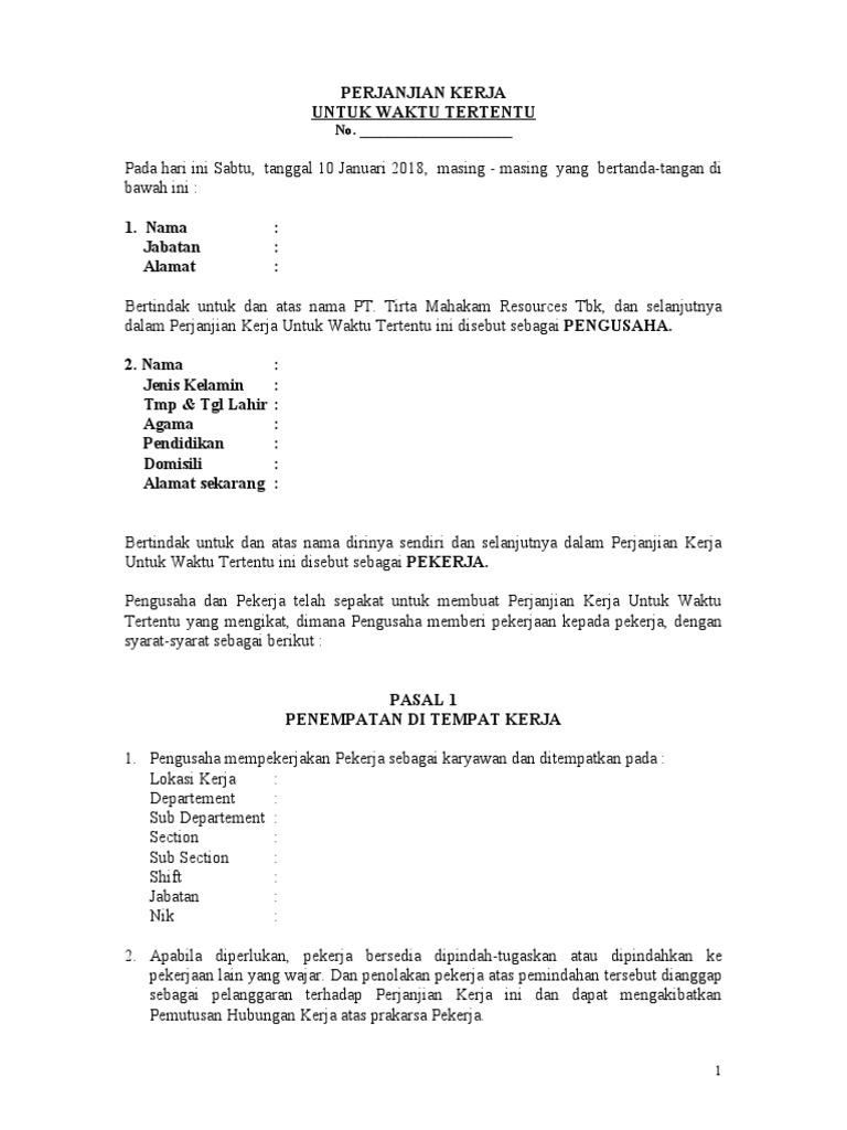 Draft Kontrak Kerja Karyawan - 2022 | PDF