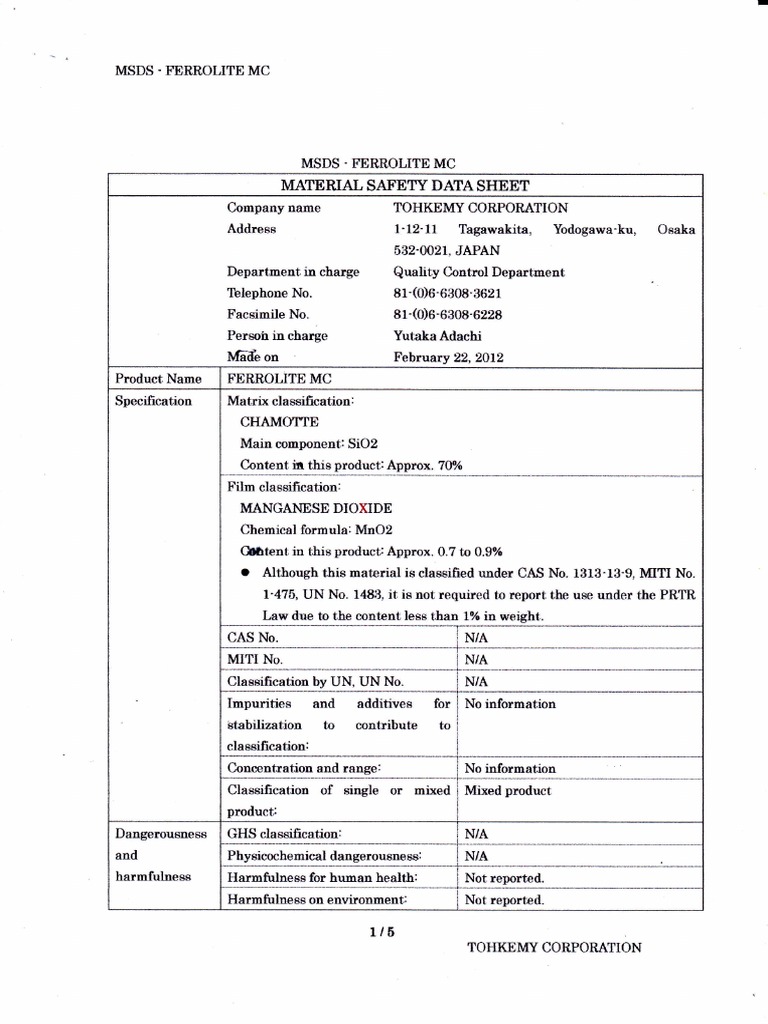 MSDS Ferrolite MC1 | PDF | Nature | Materials