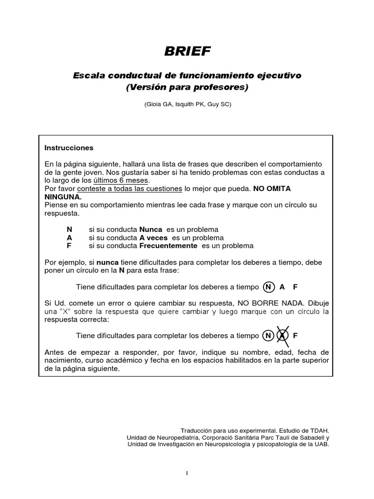 BRIEF Infantil Profes | PDF | Sicología