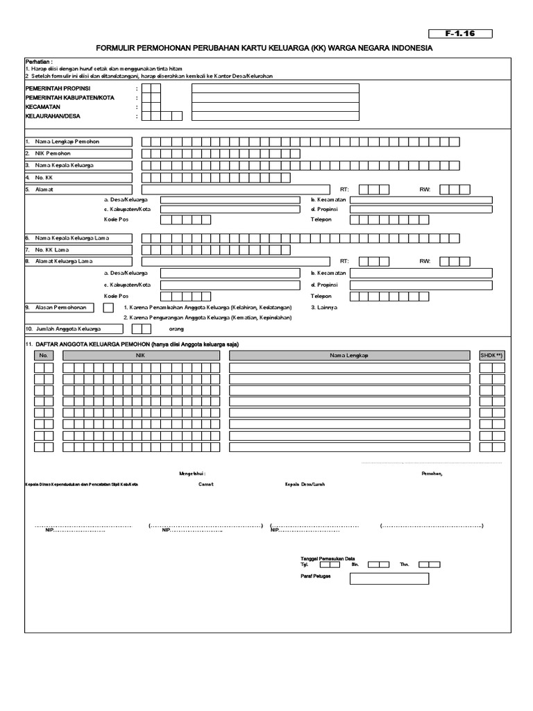 F-1.16 Formulir Permohonan Perubahan Kartu Keluarga (KK) WNI | PDF