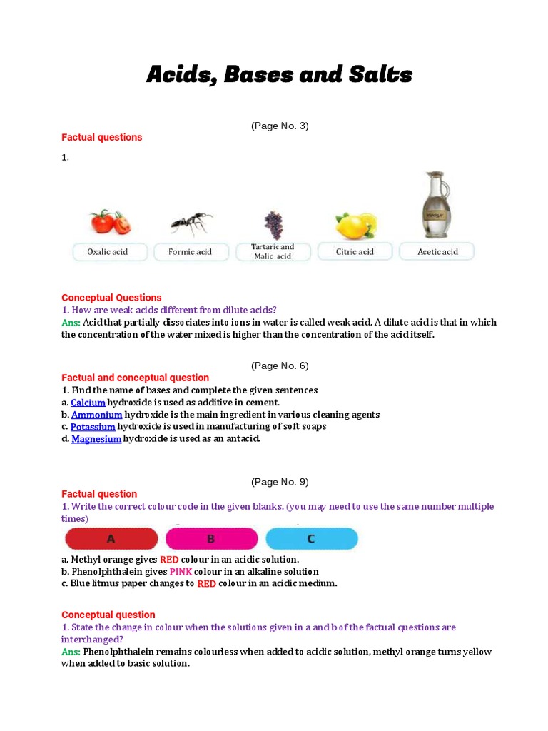 Acids, Bases and Salts: Factual Questions | PDF | Sodium Bicarbonate | Acid