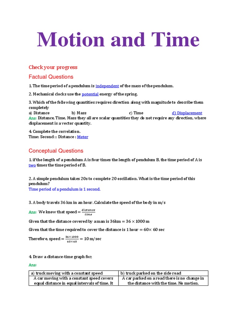 Motion and Time: Check Your Progress Factual Questions | PDF | Velocity ...