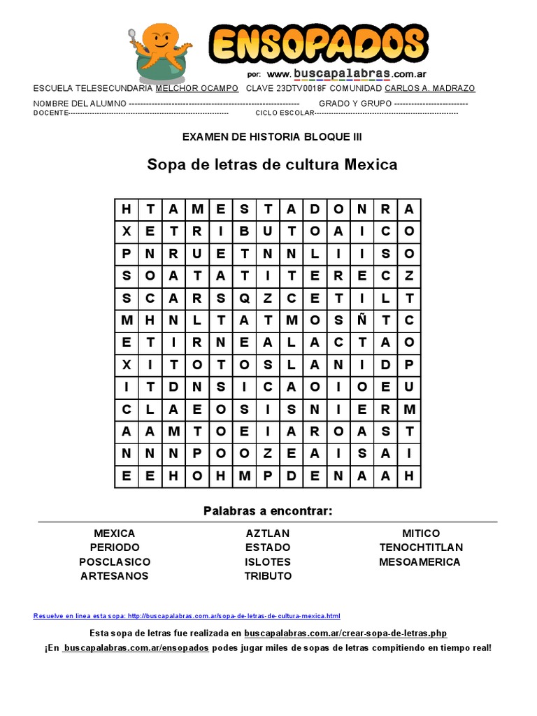 Sopa de Letras de Cultura Mexica | PDF | Pueblos indígenas de América ...