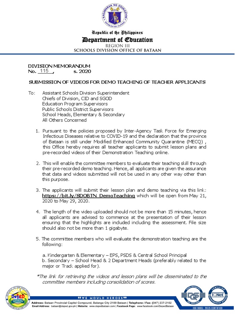 Division Memorandum No. 115 S. 2020 - Signed | PDF | Lesson Plan