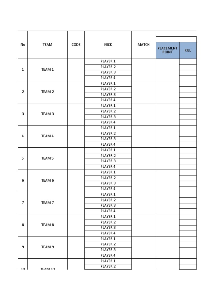 Team Player Match Stats Table | PDF