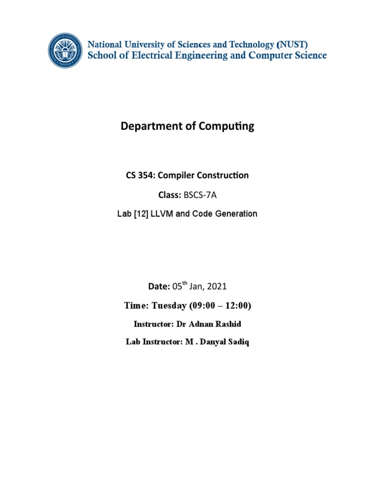 Department of Computing: CS 354: Compiler Construction Class: BSCS-7A ...