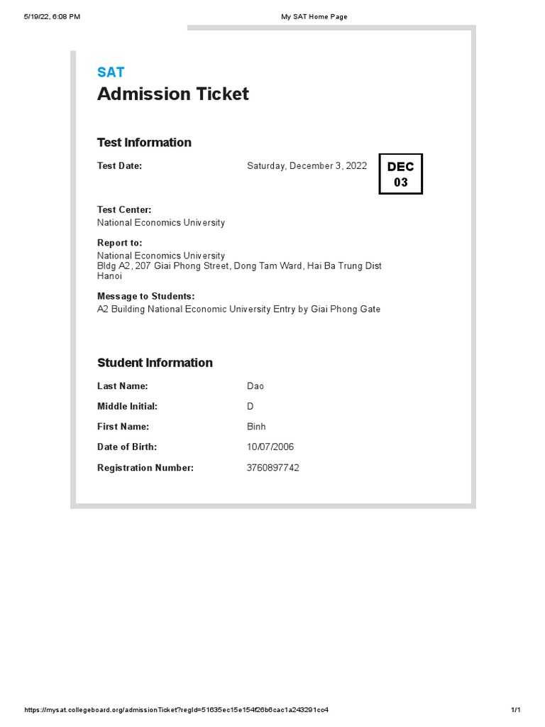 Admission Ticket: Test Information | PDF