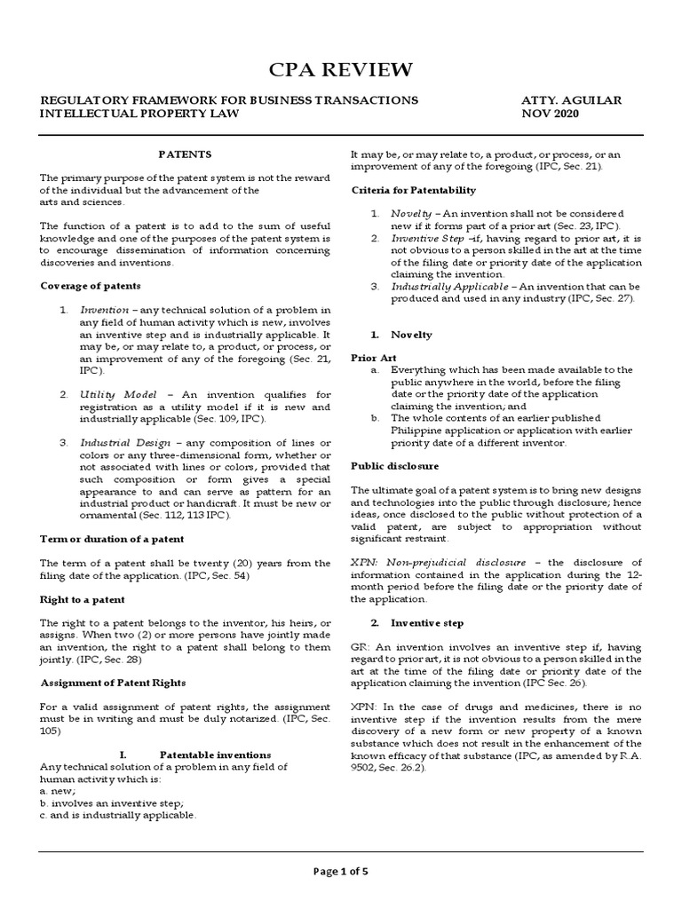 Intellectual Property Law - CPA REVIEW | PDF | Glossary Of Patent Law Terms | Patent