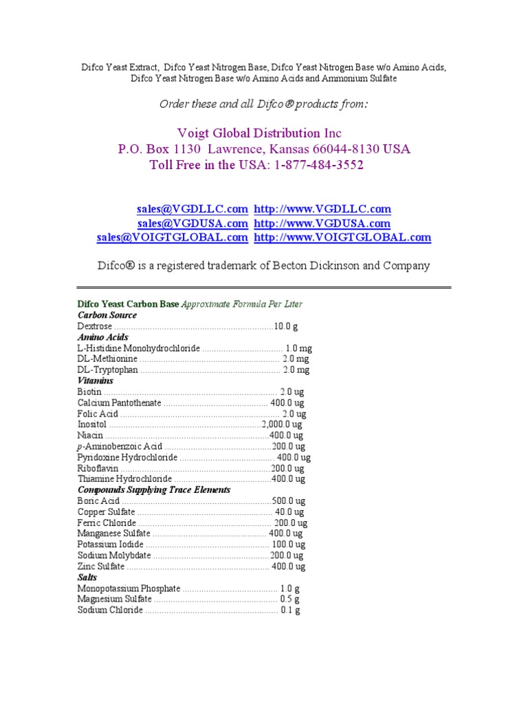 Difco Yeast Extract and Nitrogen Base | PDF | Potassium | Diet & Nutrition