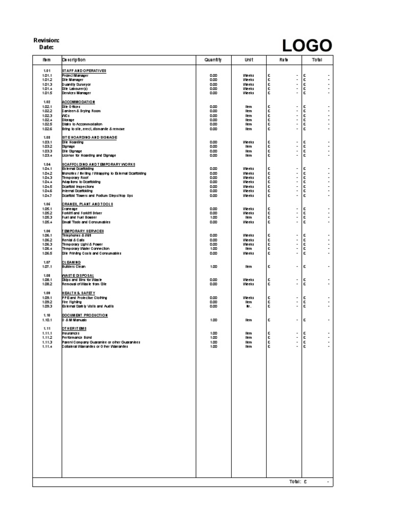 Preliminaries Pricing Schedule Template | PDF