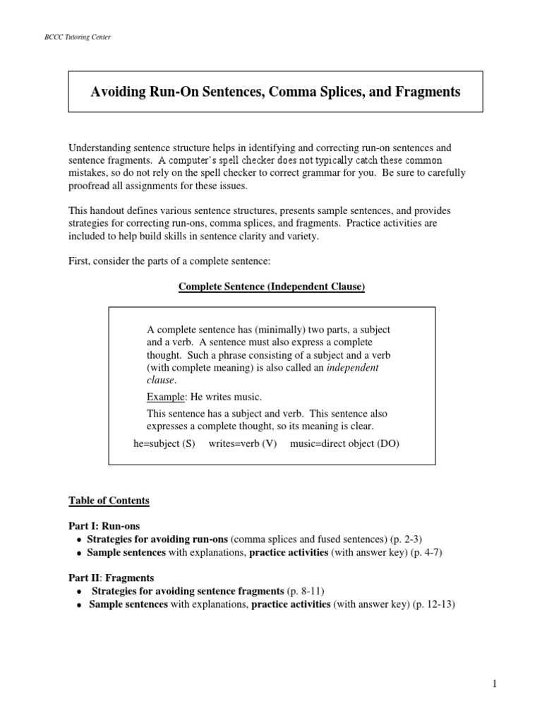 Avoiding Run-On Sentences, Comma Splices, and Fragments: Complete ...