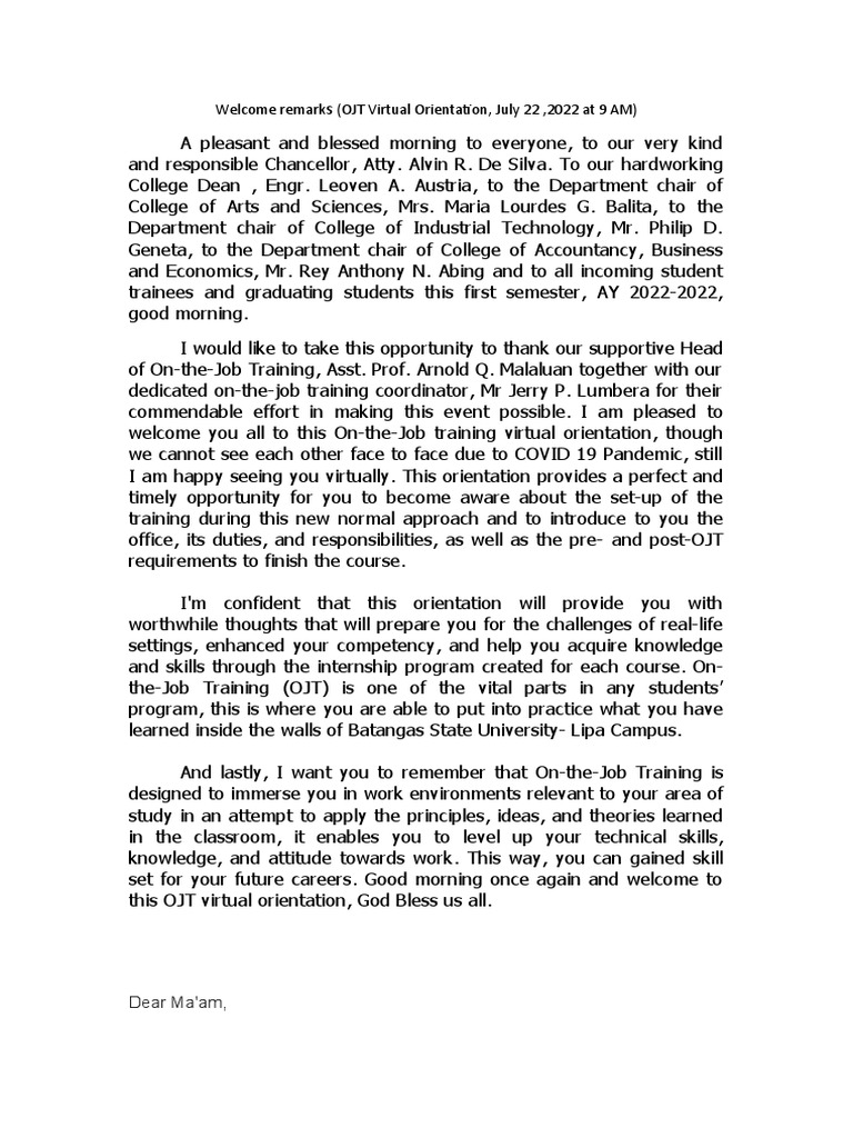 Welcome Remarks (OJT Virtual Orientation) | PDF | Learning | Behavior Modification