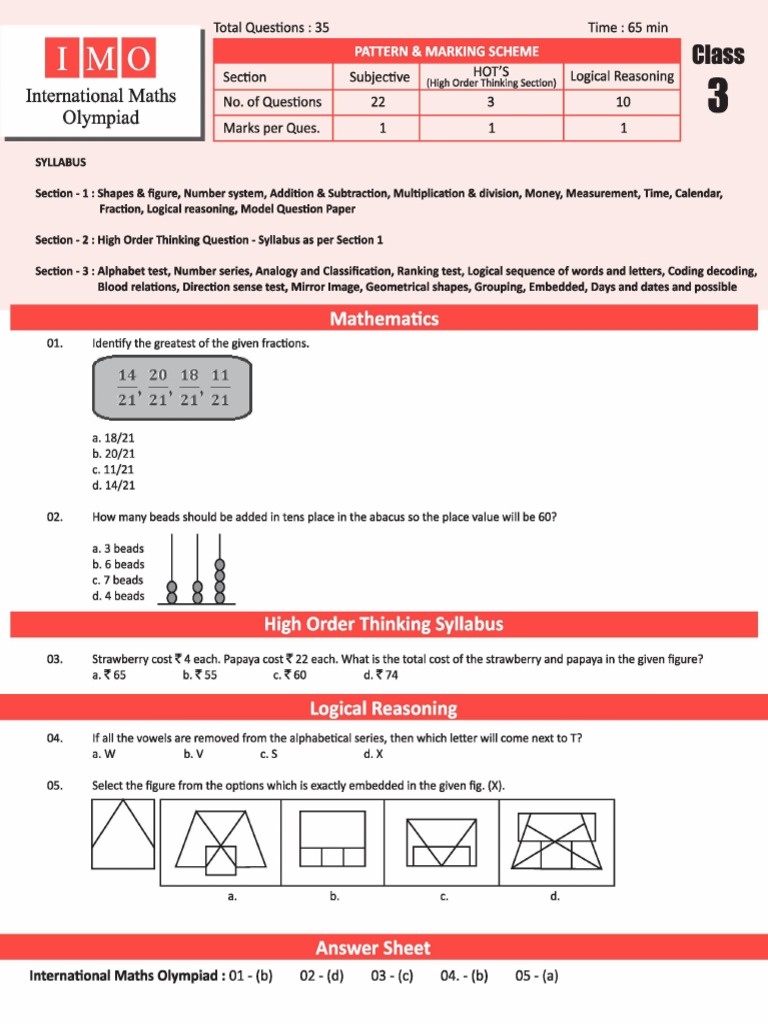 IMO Class 3 Sample Paper (1) | PDF