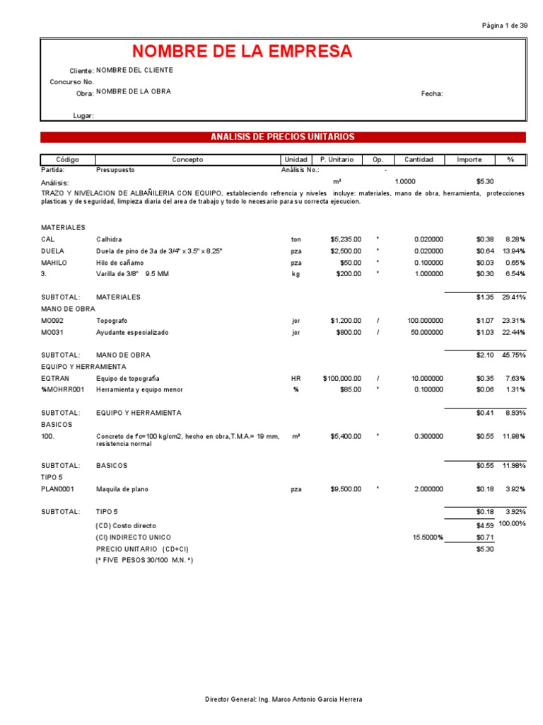 Ejemplo de Matriz de Precio Unitario Construcción | PDF | Economias