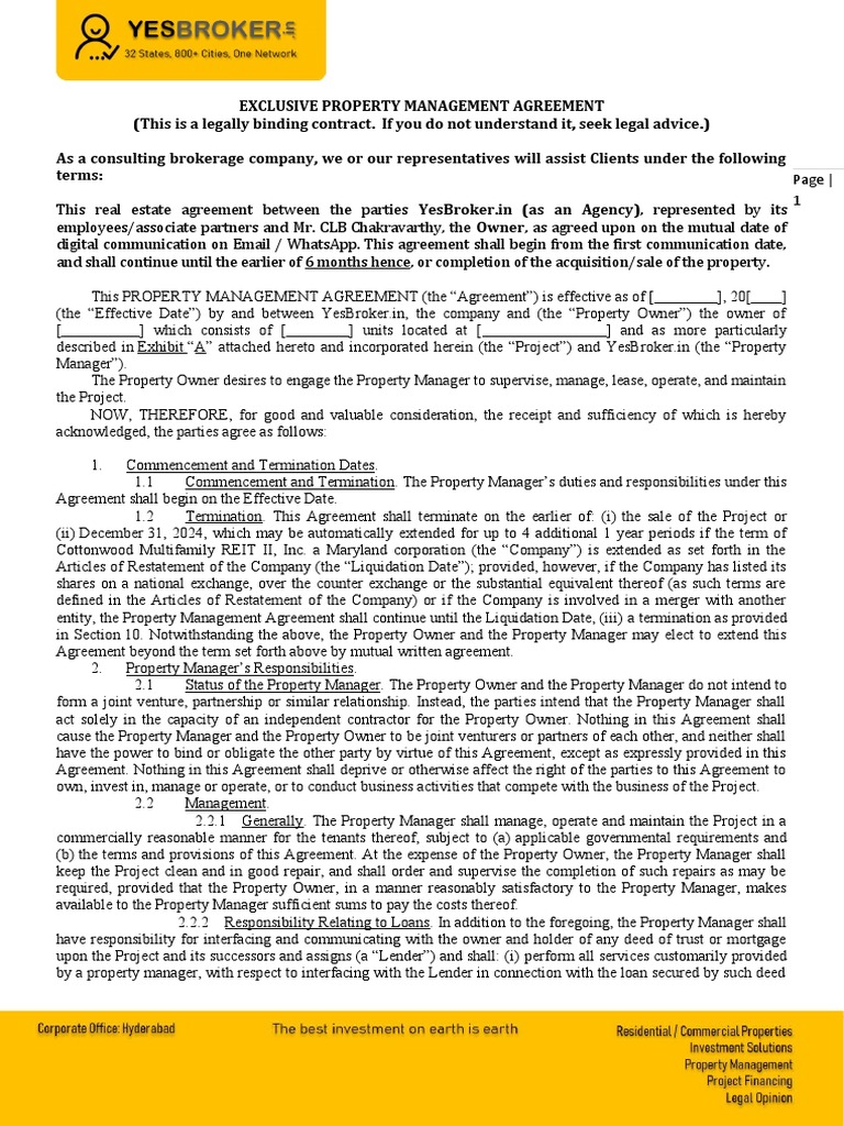 YB Property Management Agreement | PDF | Insurance | Lease