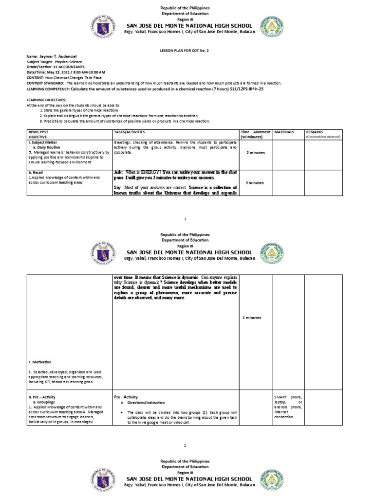DLP COT No. 2 Physical Science | PDF | Learning | Science