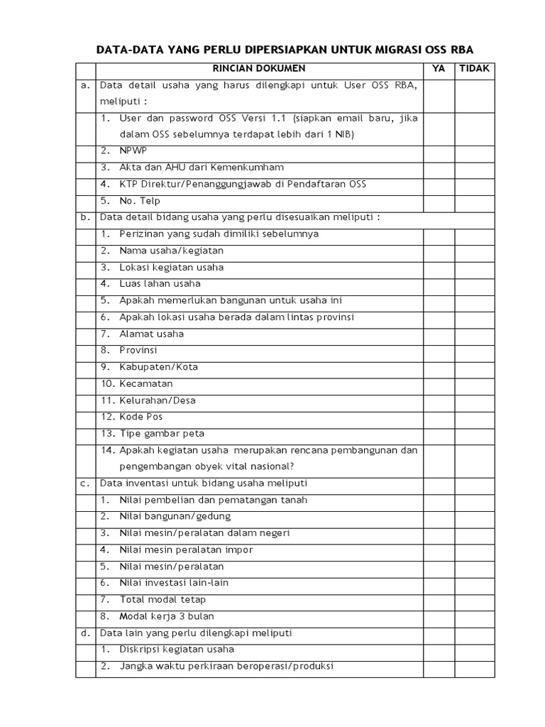 Data Data Migrasi Oss Rba Checklist | PDF