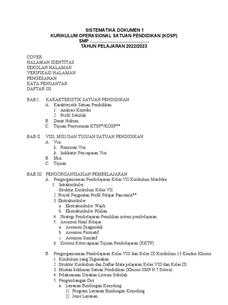 Sistematika Penulisan Dokumen Kosp Dan KTSP SMP TP 2022,2023 | PDF ...