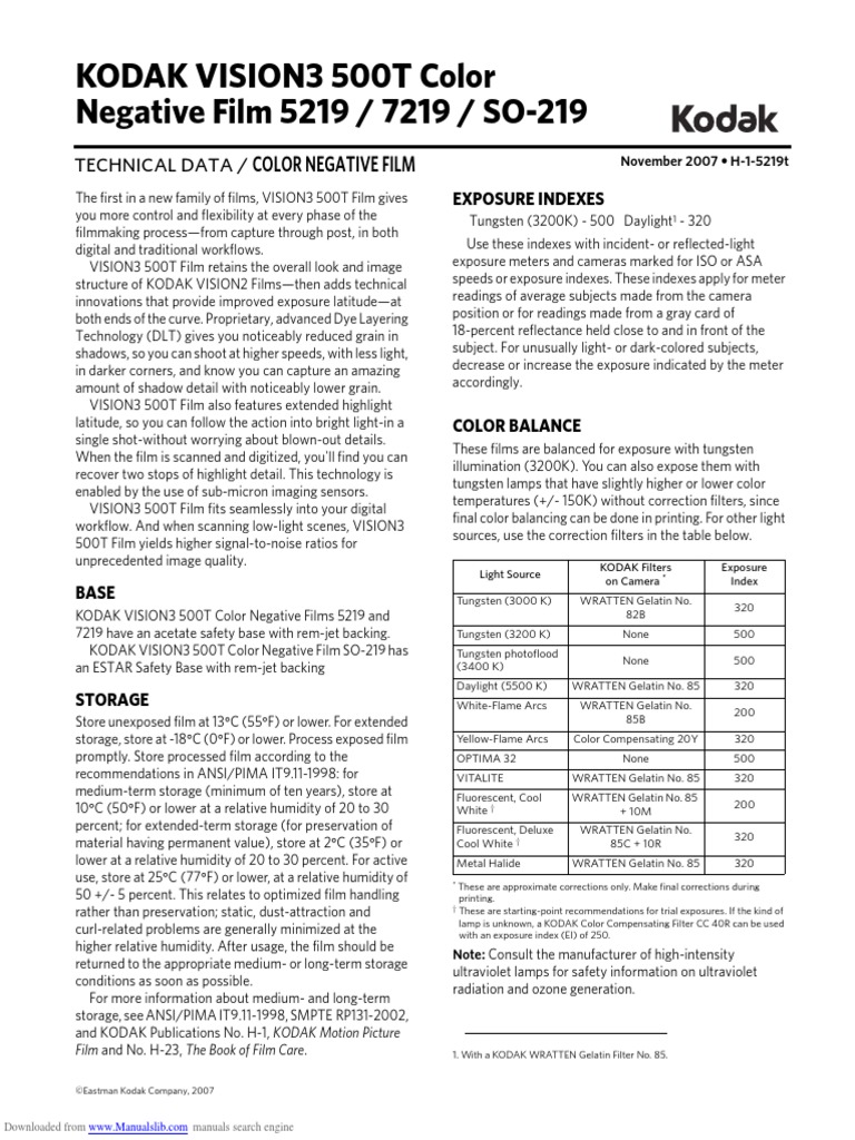 KODAK VISION3 500T Color Negative Film 5219 / 7219 / SO-219 | PDF ...