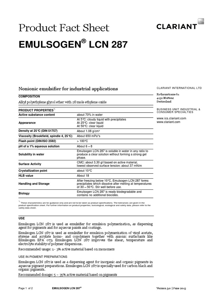 Product Fact Sheet: Emulsogen LCN 287 | PDF | Paint | Emulsion