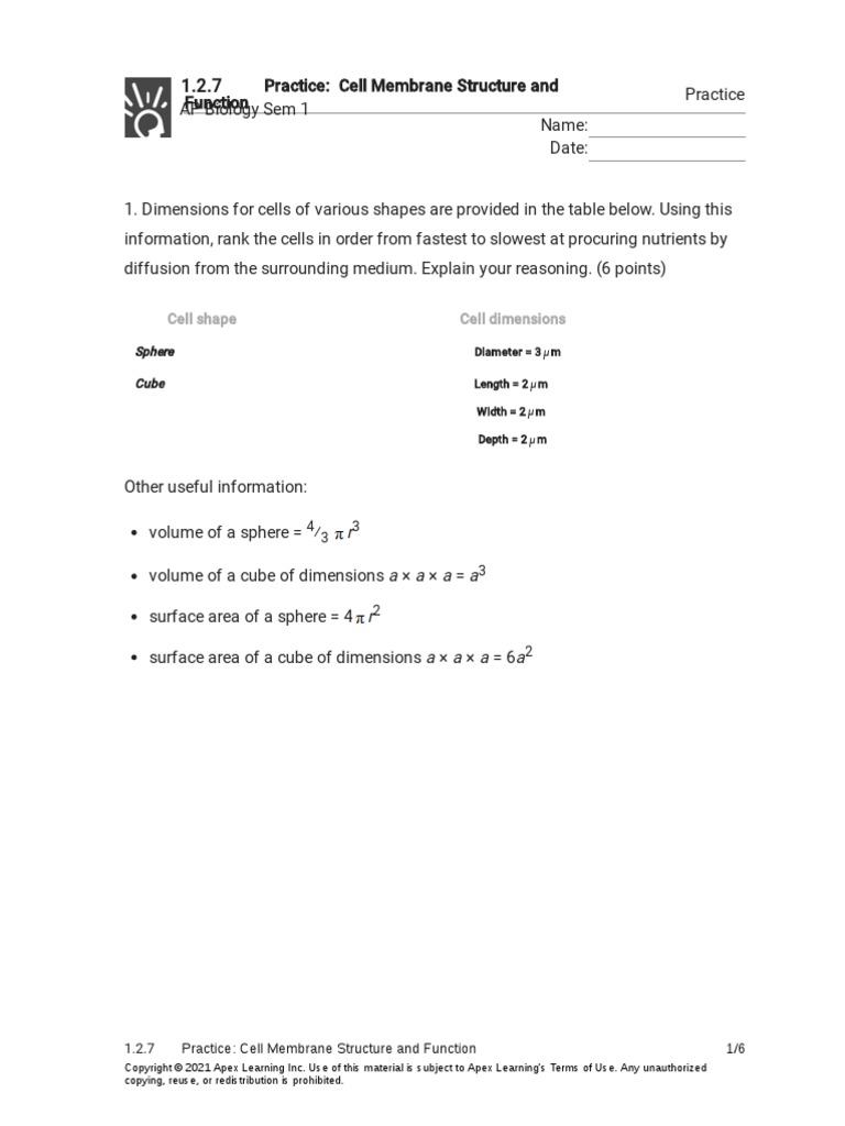 1.2.7 Practice - Cell Membrane Structure and Function (Practice) | PDF ...