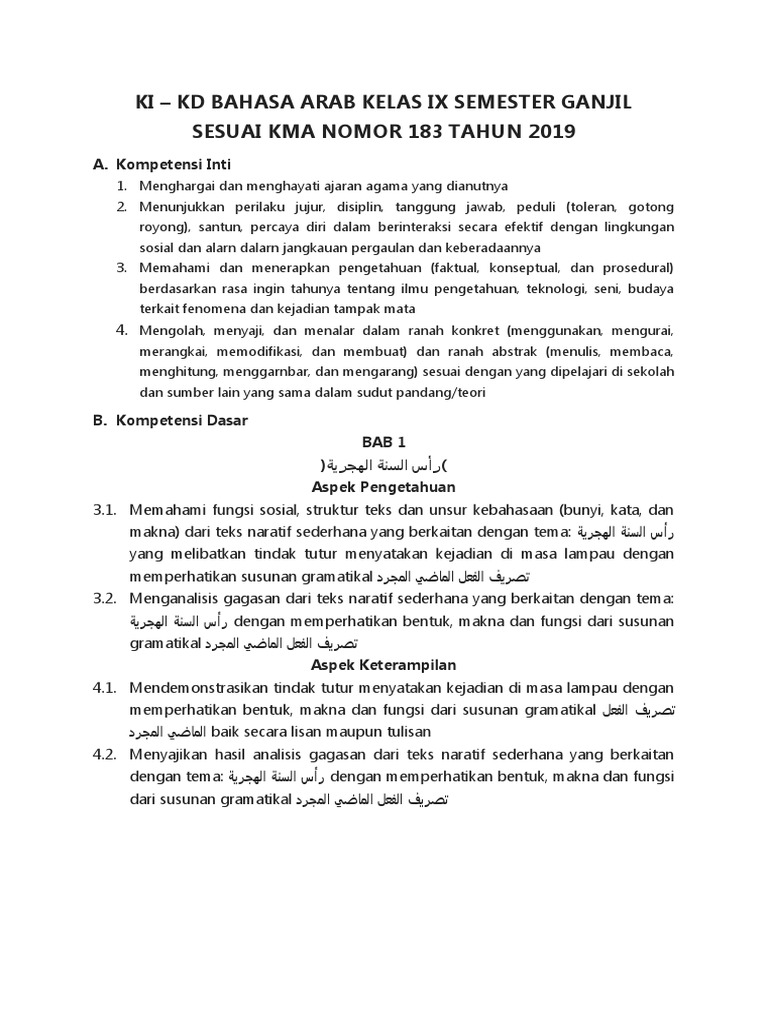 Ki-Kd Bahasa Arab Kelas Ix Semester Ganjil | PDF