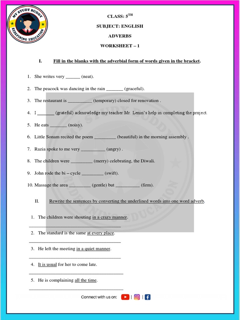 Class: 5 Subject: English Adverbs Worksheet - 1 | PDF | Adverb