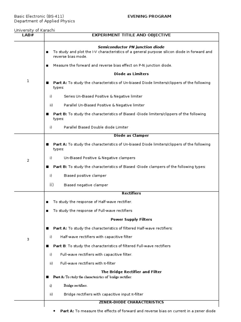 Basic Electronics Lab Experiments Guide | PDF | Rectifier | Diode