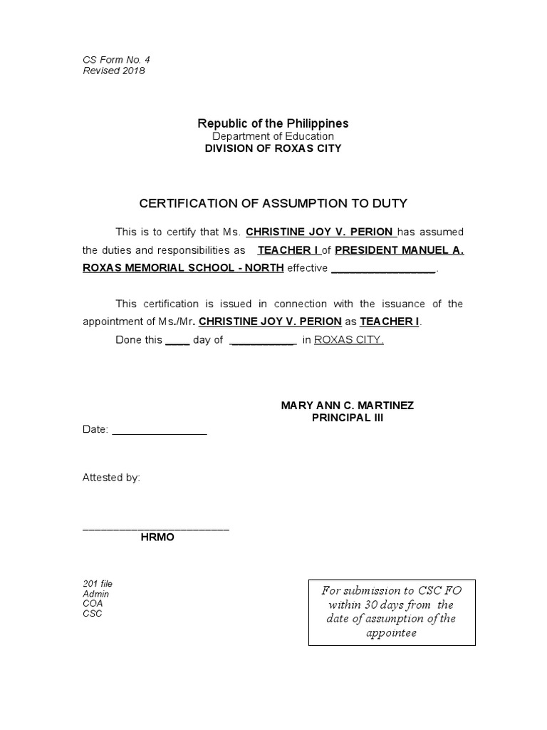 CS Form No. 4 Certification of Assumption To Duty (Revised 2018) | PDF