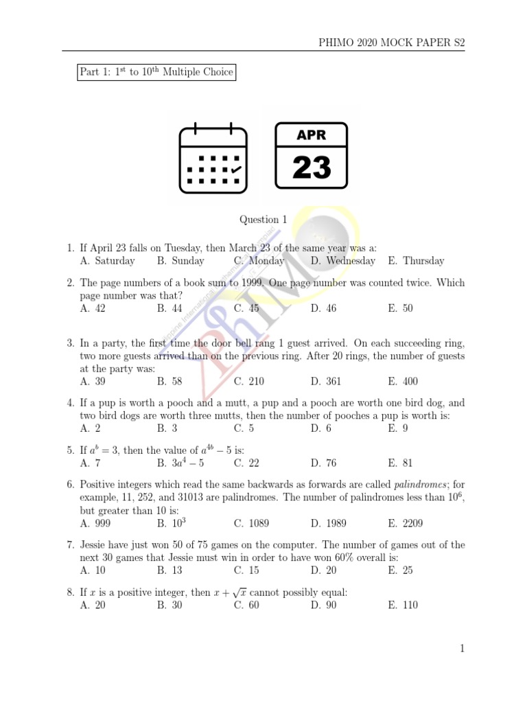 PHIMO 2020 MOCK EXAM Secondary 2 2 PDF | PDF