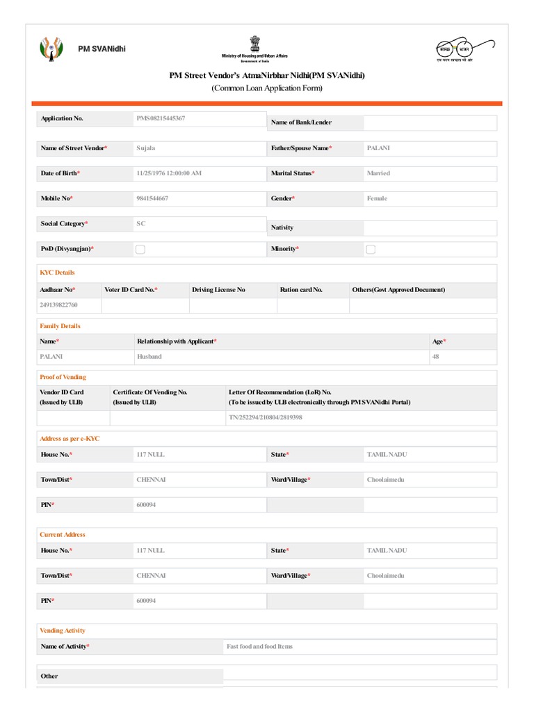 PM Street Vendor'S Atmanirbhar Nidhi (PM Svanidhi) : (Common Loan Application Form) | PDF ...